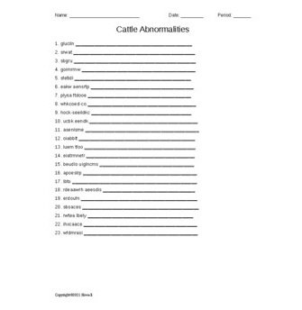 Cattle Abnormalities Word Scramble - Amped Up Learning