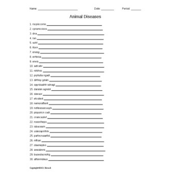 Animal Diseases Word Scramble - Amped Up Learning