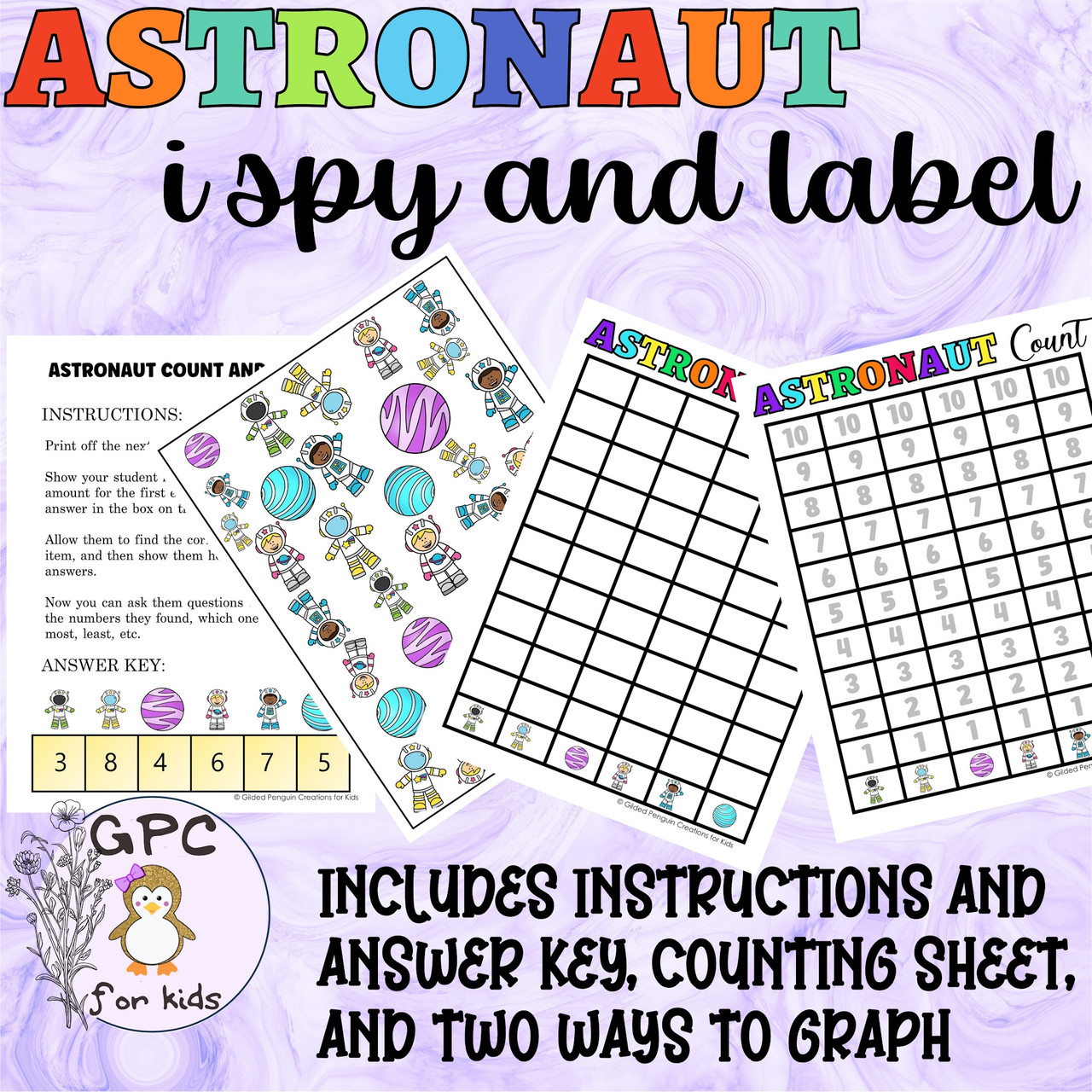 Astronaut Math I Spy Worksheets Count and Graph and Label the Astronaut