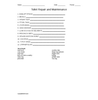 Toilet Repair and Maintenance Word Scramble - Amped Up Learning