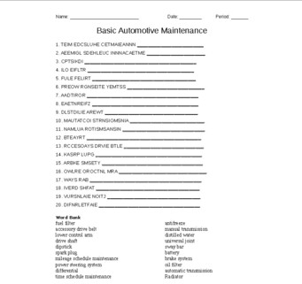 Basic Automotive Maintenance Word Scramble - Amped Up Learning