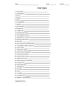 Veterinary Vital Signs Word Scramble for Vet. Science Students - Amped ...