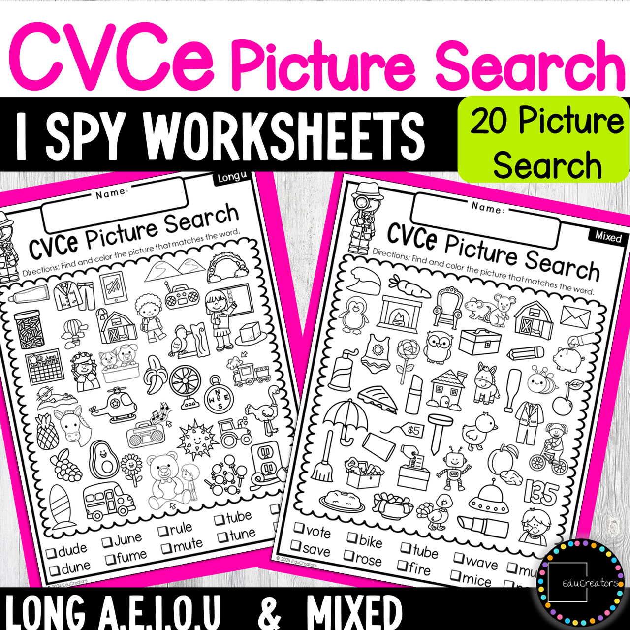 CVCe Long Vowels Phonics Picture Search I Spy Read and Find Worksheet ...