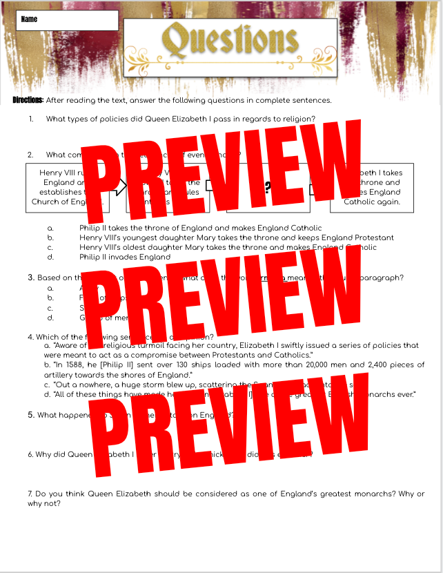 Queen Elizabeth I Reading - Amped Up Learning