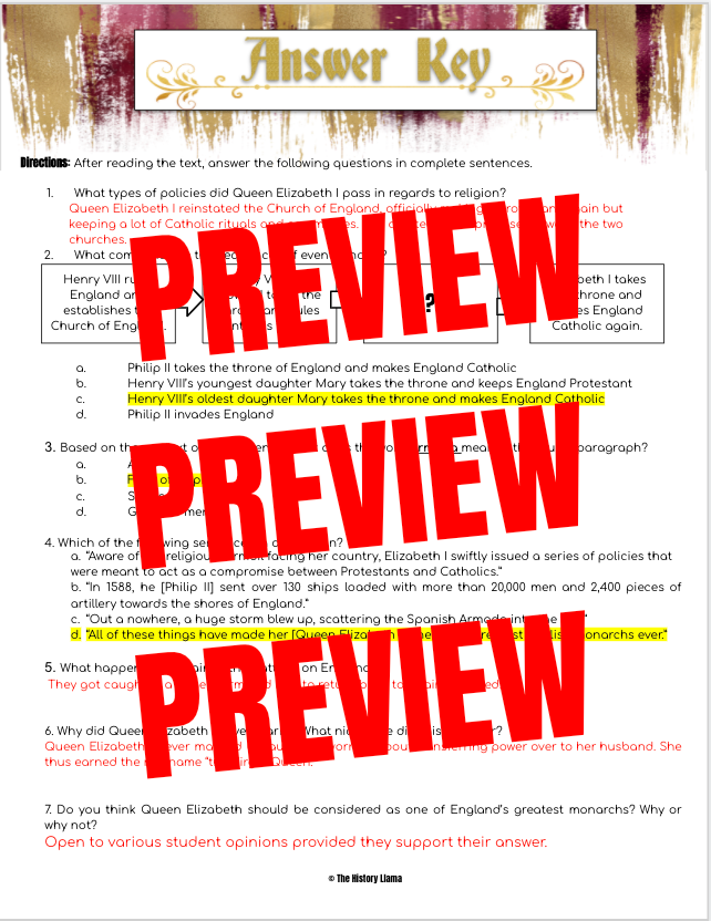 Queen Elizabeth I Reading - Amped Up Learning