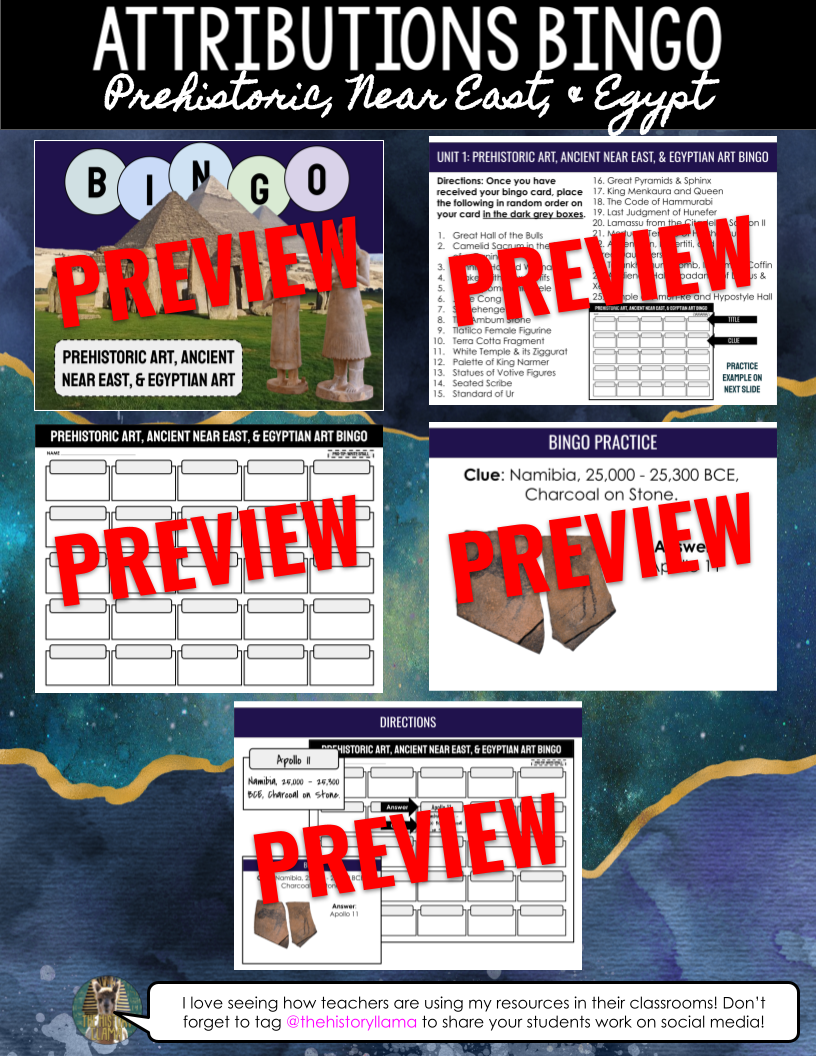 Prehistoric Art, Ancient Near East & Egypt Attributions Bingo - AP Art ...