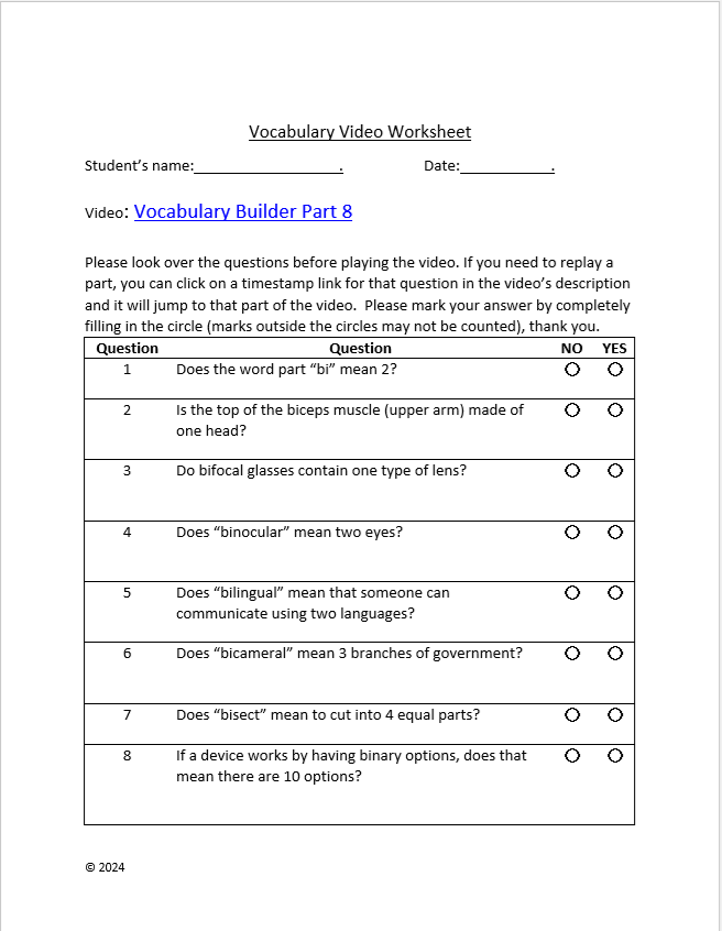 Vocabulary Builder Part 8 Video sheet, Google Forms, Canvas & more V2