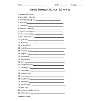 Innate Nonspecific Host Defenses Word Scramble for a Microbiology ...
