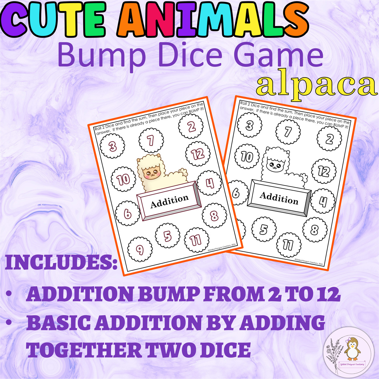 Addition and Subtraction Bump Game Cute Animals-ALPACA Math Dice Game