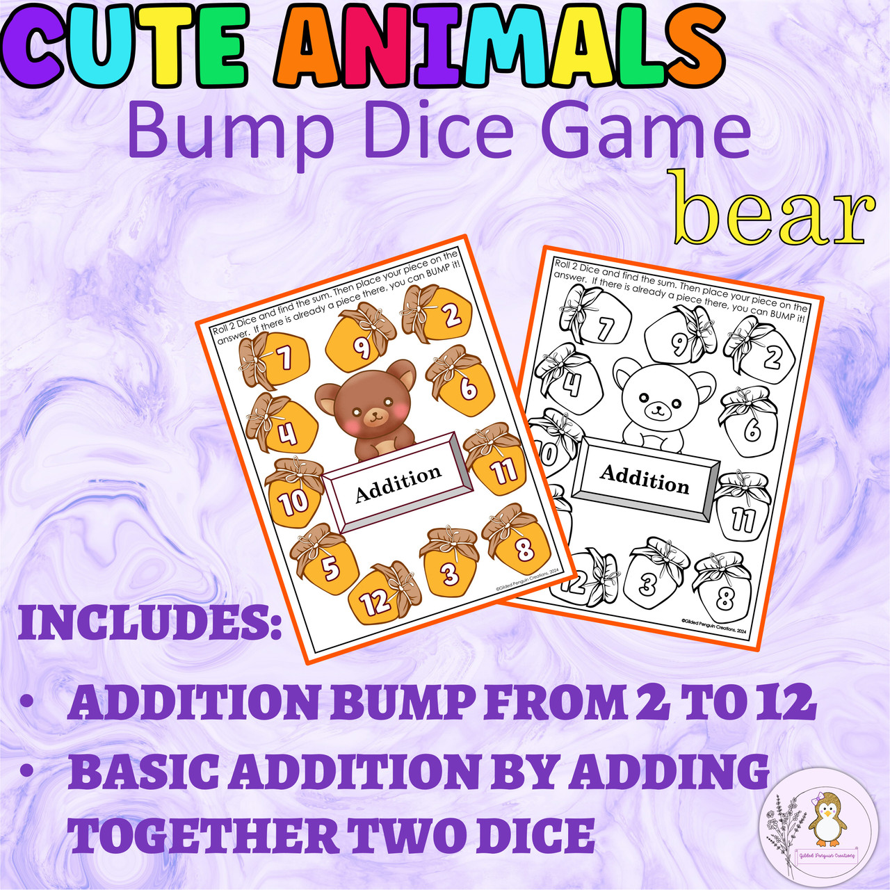 Addition and Subtraction Bump Game Cute Animals-BEAR Math Dice Game