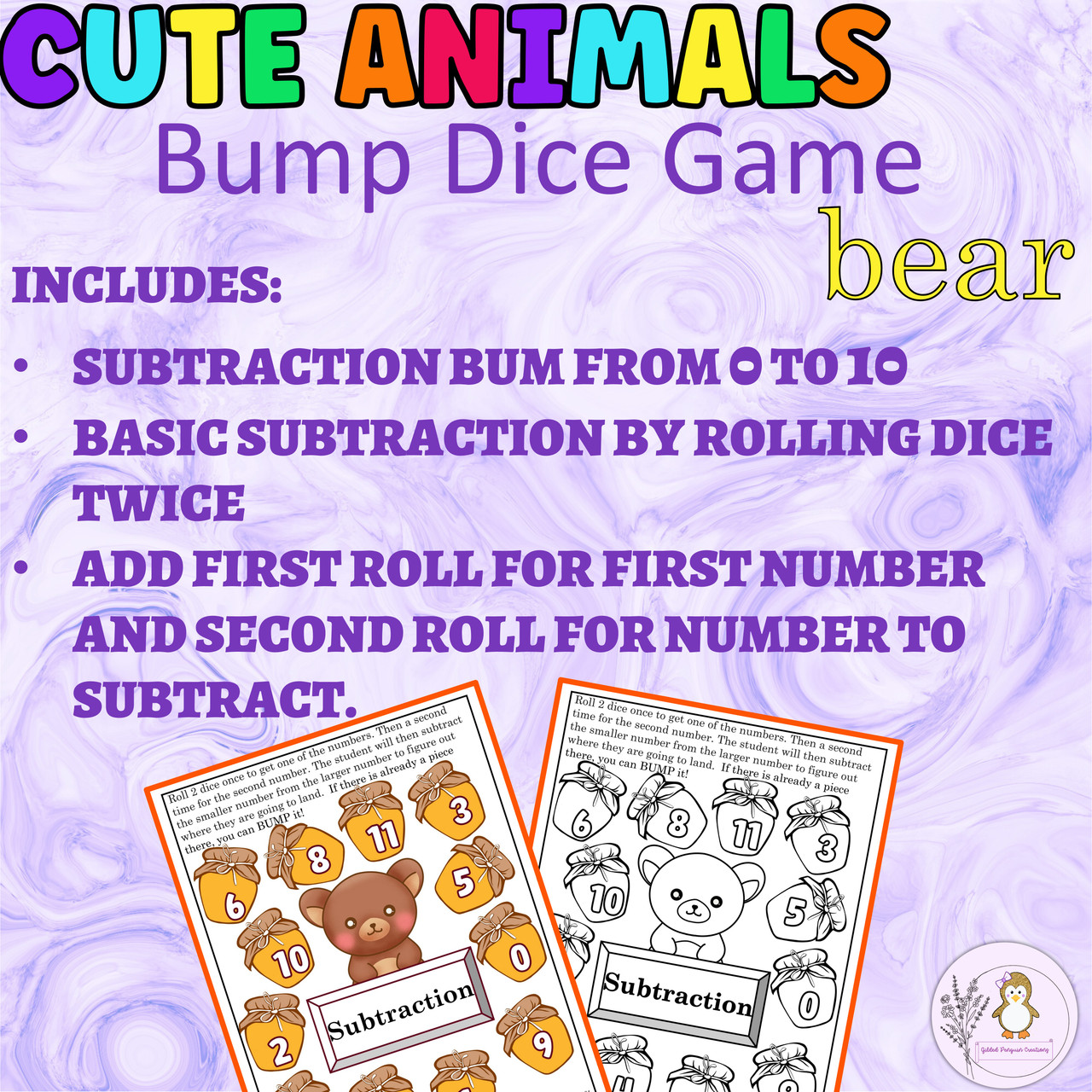 Addition and Subtraction Bump Game Cute Animals-BEAR Math Dice Game