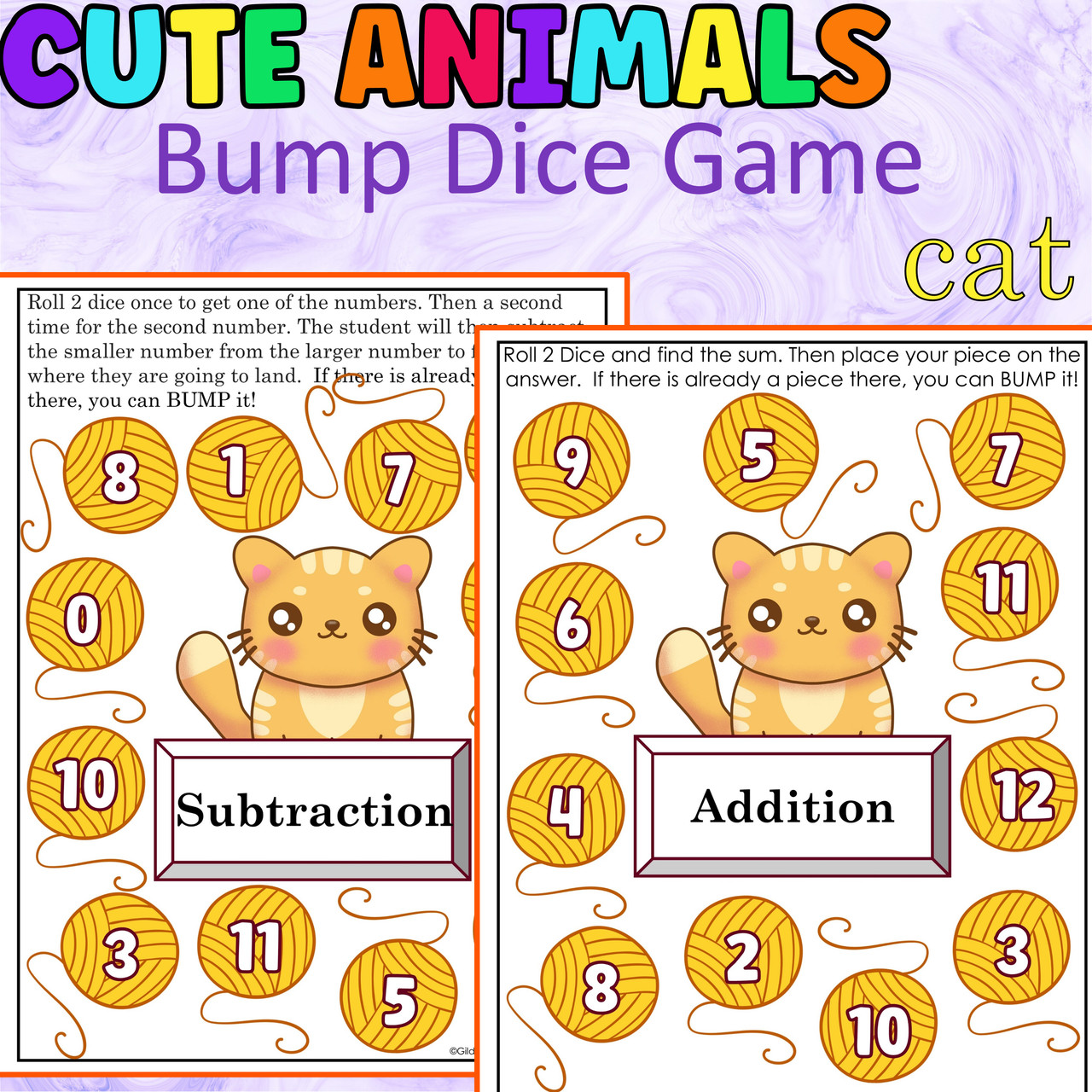 Addition and Subtraction Bump Game Cute Animals-CAT Math Dice Game