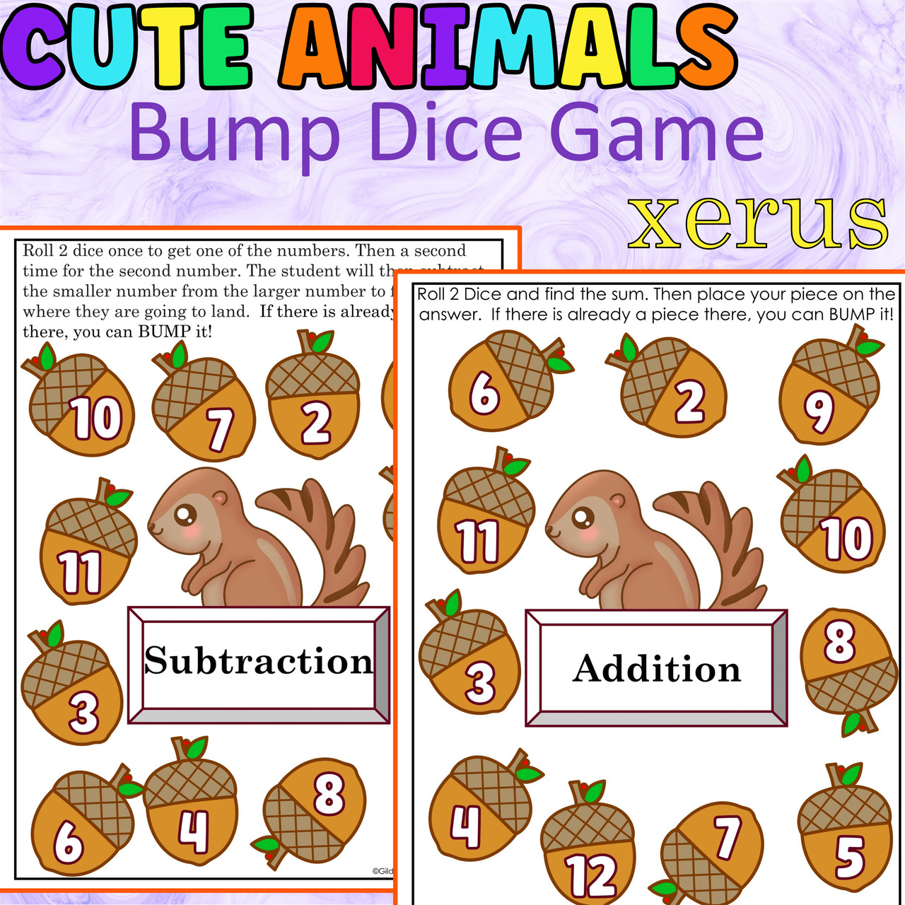 Addition and Subtraction Bump Game Cute Animals-XERUS Math Dice Game