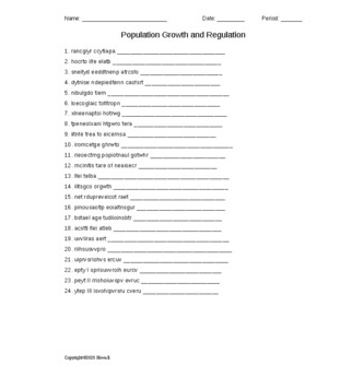 Population, Growth, Regulation Word Scramble for an Ecology Course ...