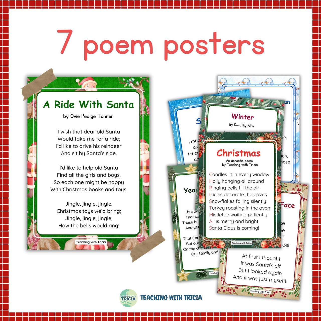 Christmas Poems For Kids: 7 Poem Posters, 4 Worksheets to write their ...