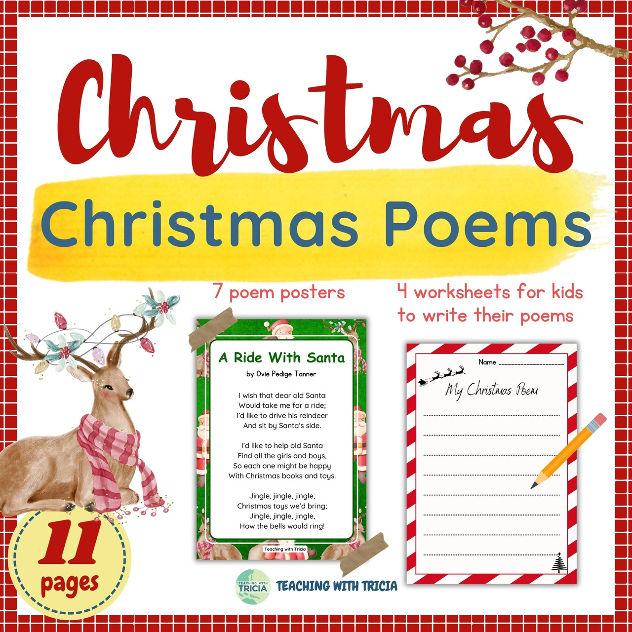 Christmas Poems For Kids: 7 Poem Posters, 4 Worksheets to write their ...