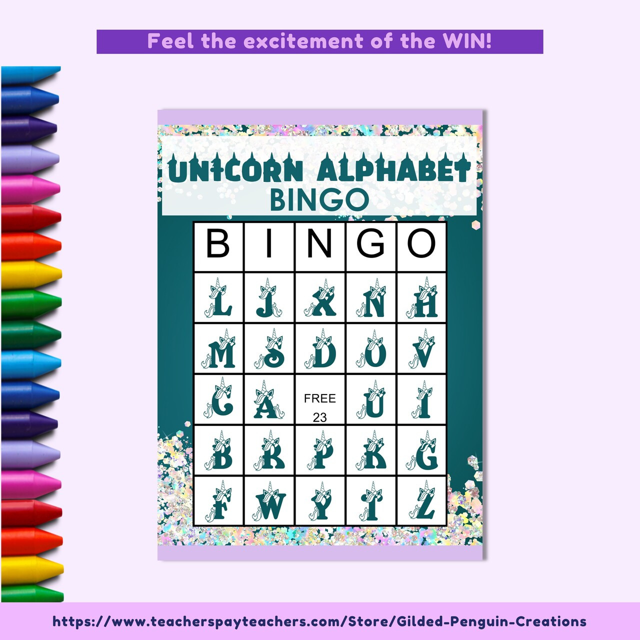 Alphabet Bingo Cards with Teal Unicorn Letters Game - 5x5