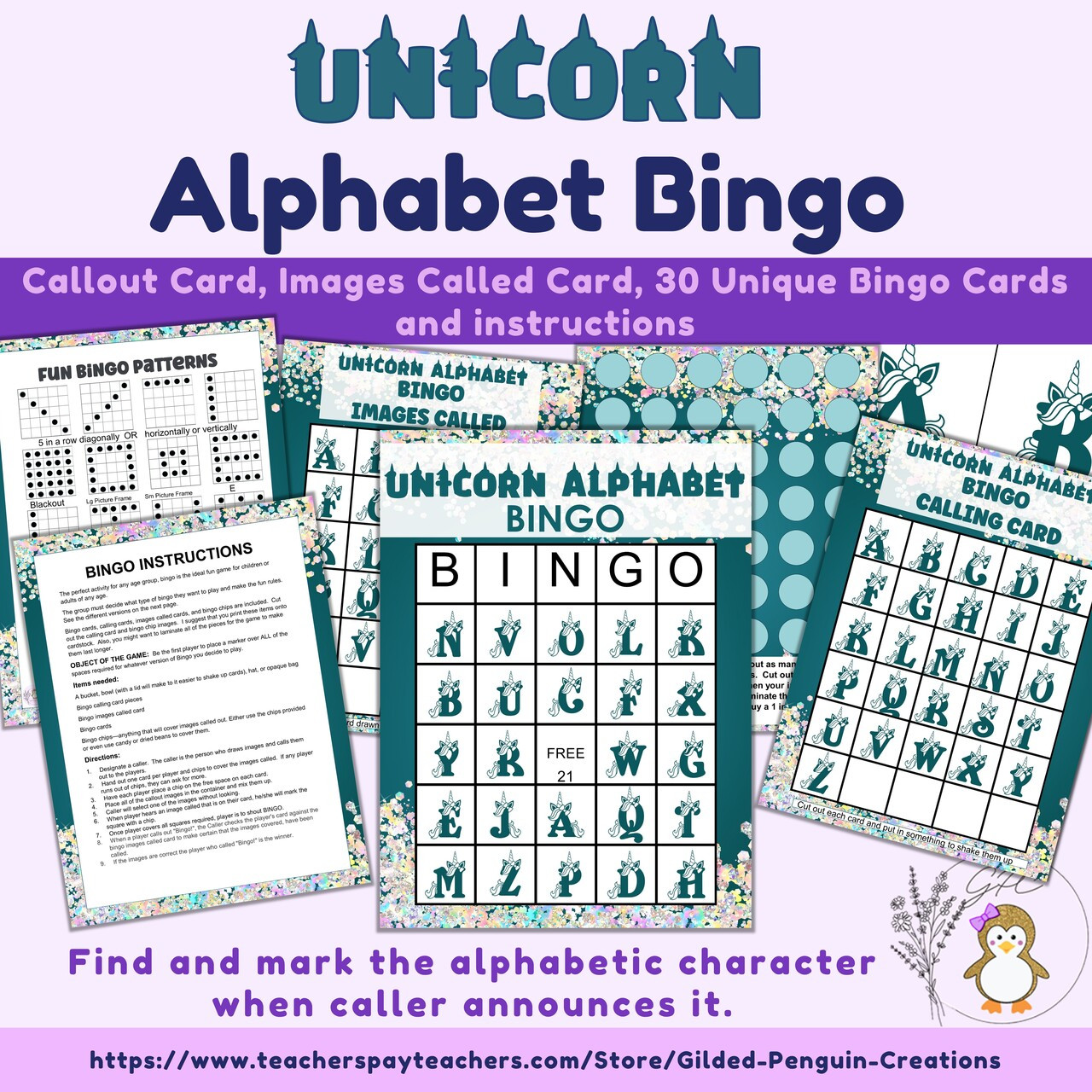 Alphabet Bingo Cards with Teal Unicorn Letters Game - 5x5