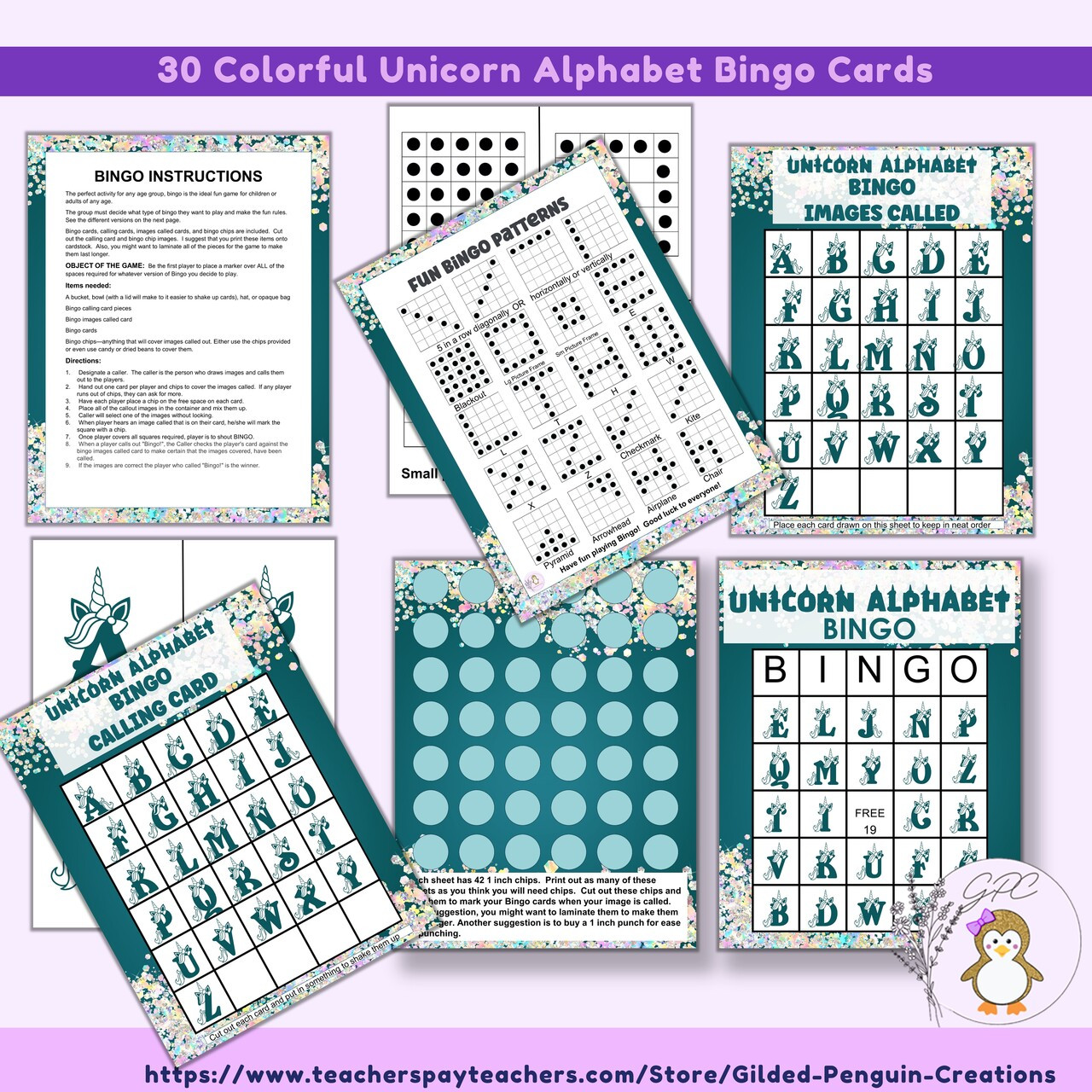 Alphabet Bingo Cards with Teal Unicorn Letters Game - 5x5