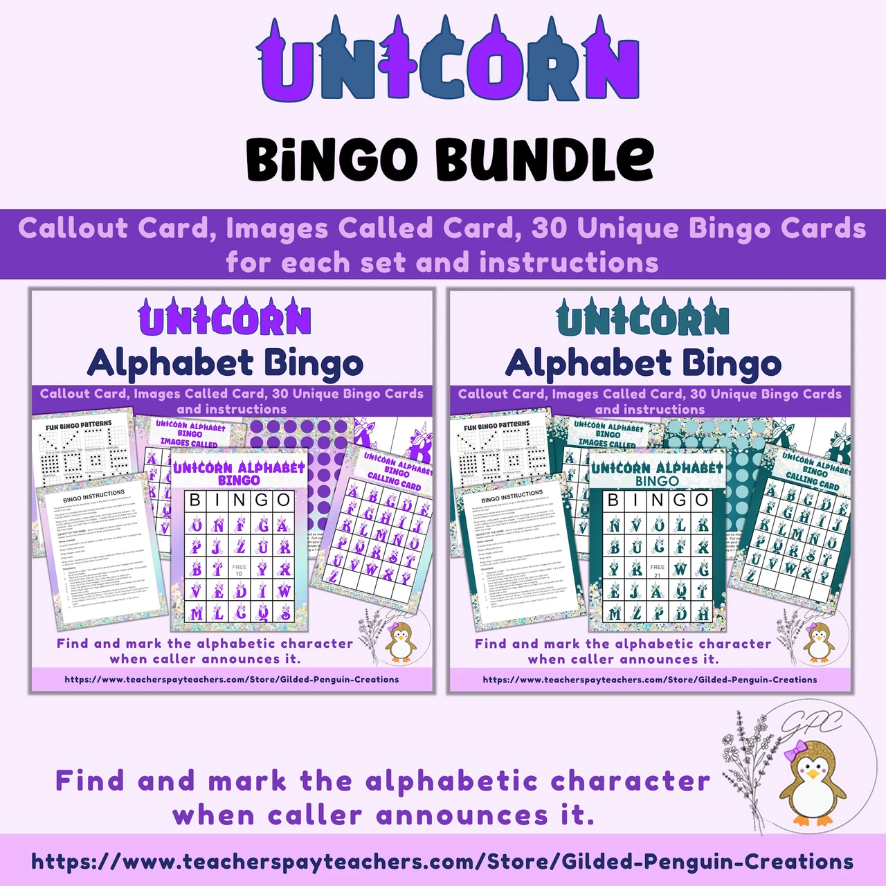 Alphabet Bingo with Unicorn Letters Bundle - 5x5