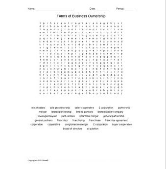 Forms of Business Ownership Word Search for a Business Course - Amped ...