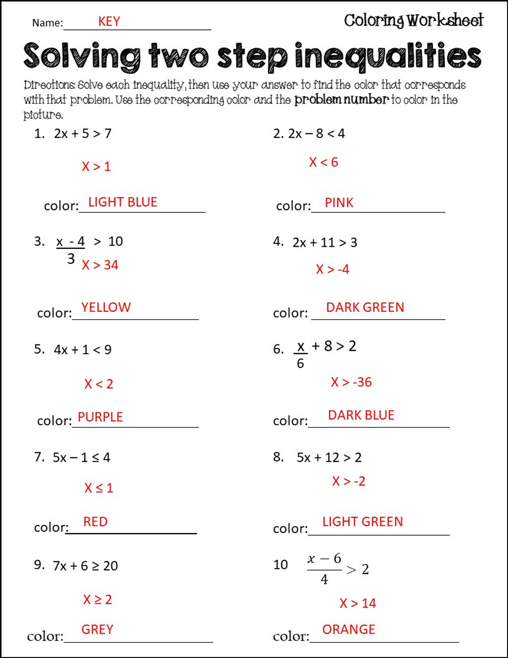 Two Step Inequalities Coloring Activity - Amped Up Learning