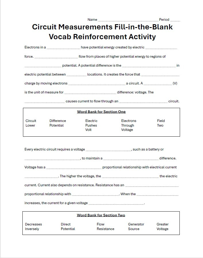 Circuit Measurements Fill-in-the-Blank Vocab Reinforcement Activity ...