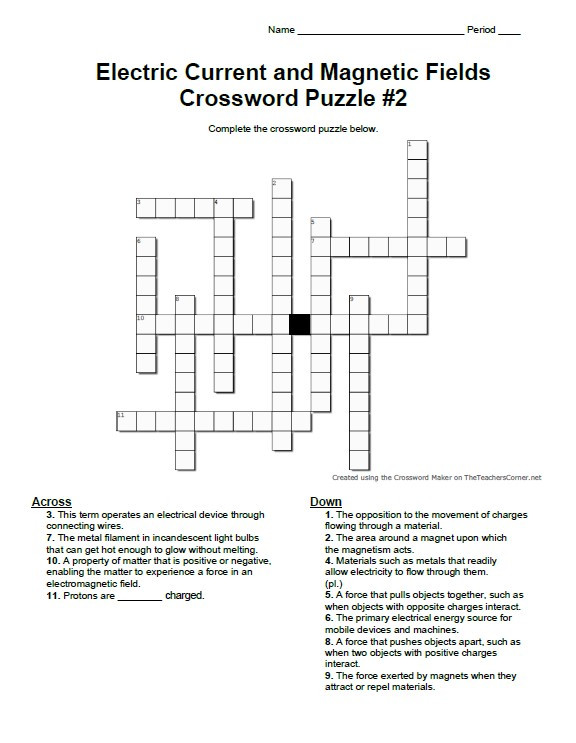 Electric Current and Magnetic Fields Crossword Puzzle Set - Amped Up ...