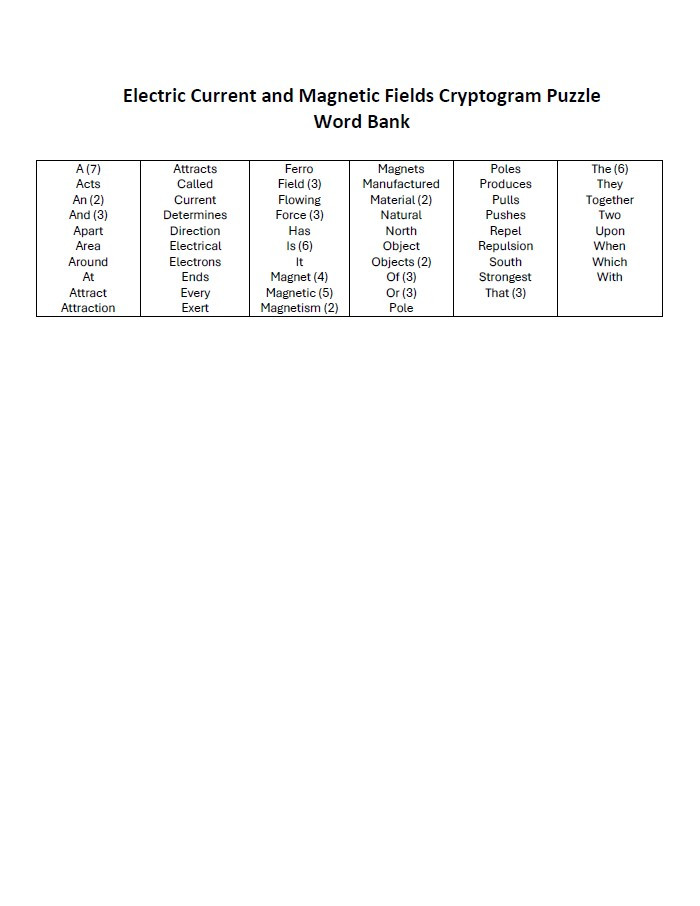 Electric Current and Magnetic Fields Cryptogram Puzzle - Amped Up Learning