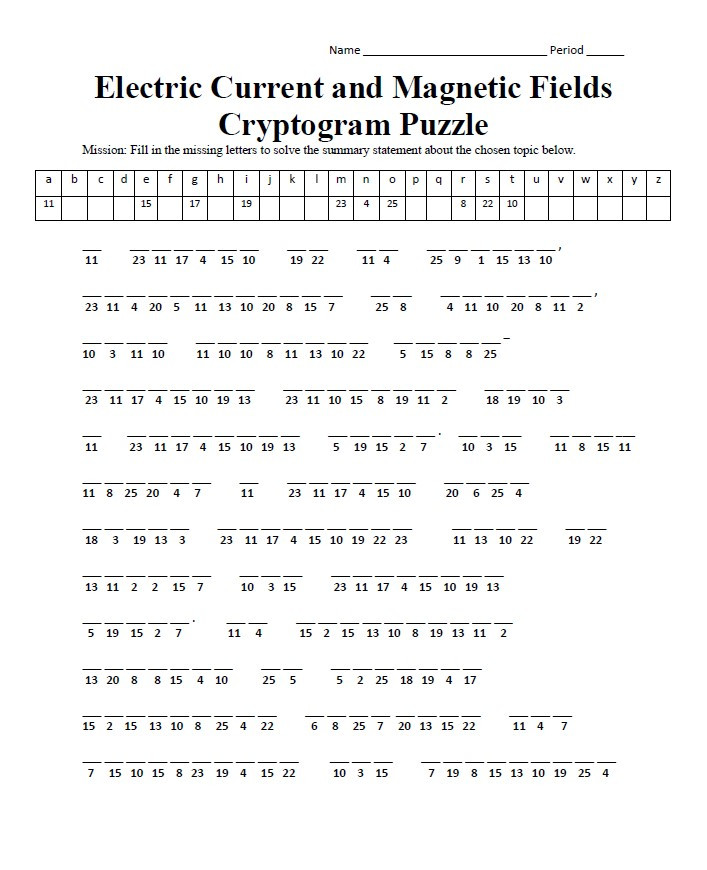 Electric Current and Magnetic Fields Cryptogram Puzzle - Amped Up Learning