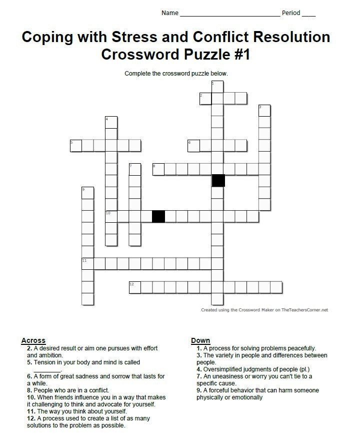 Coping with Stress and Conflict Resolution Crossword Puzzle Set - Amped ...