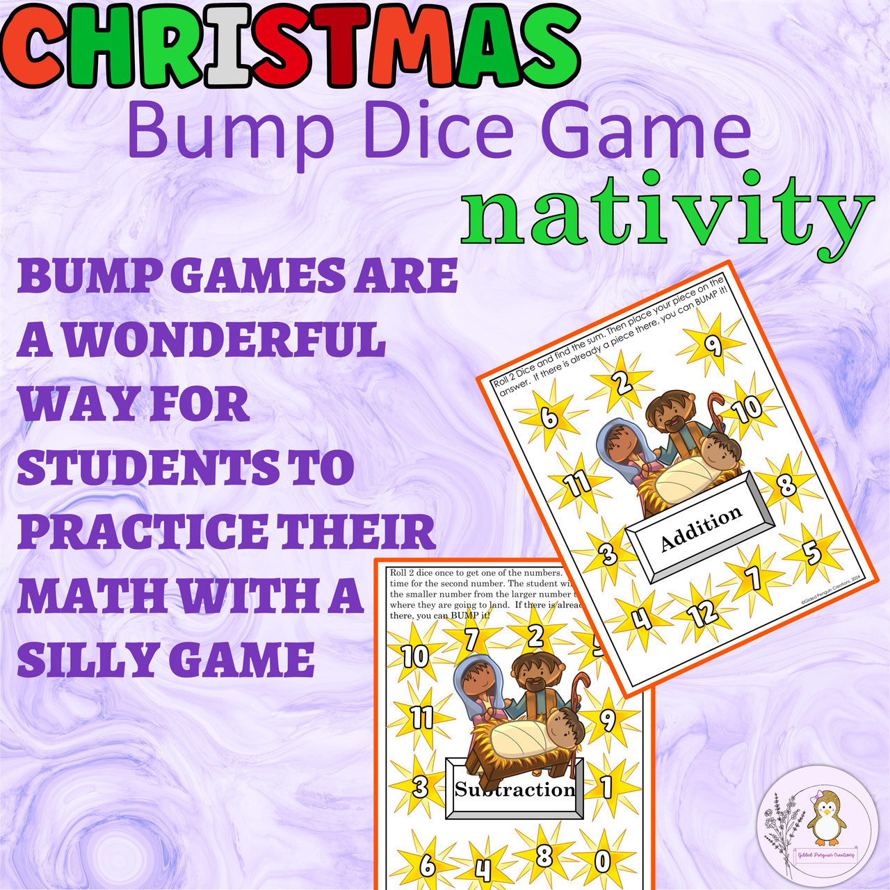 Christmas Addition and Subtraction Bump Math Dice Game Nativity