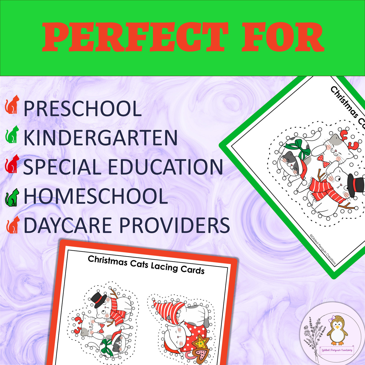 Christmas Cats Lacing Cards Activity for Early Elementary Fine Motor Skills