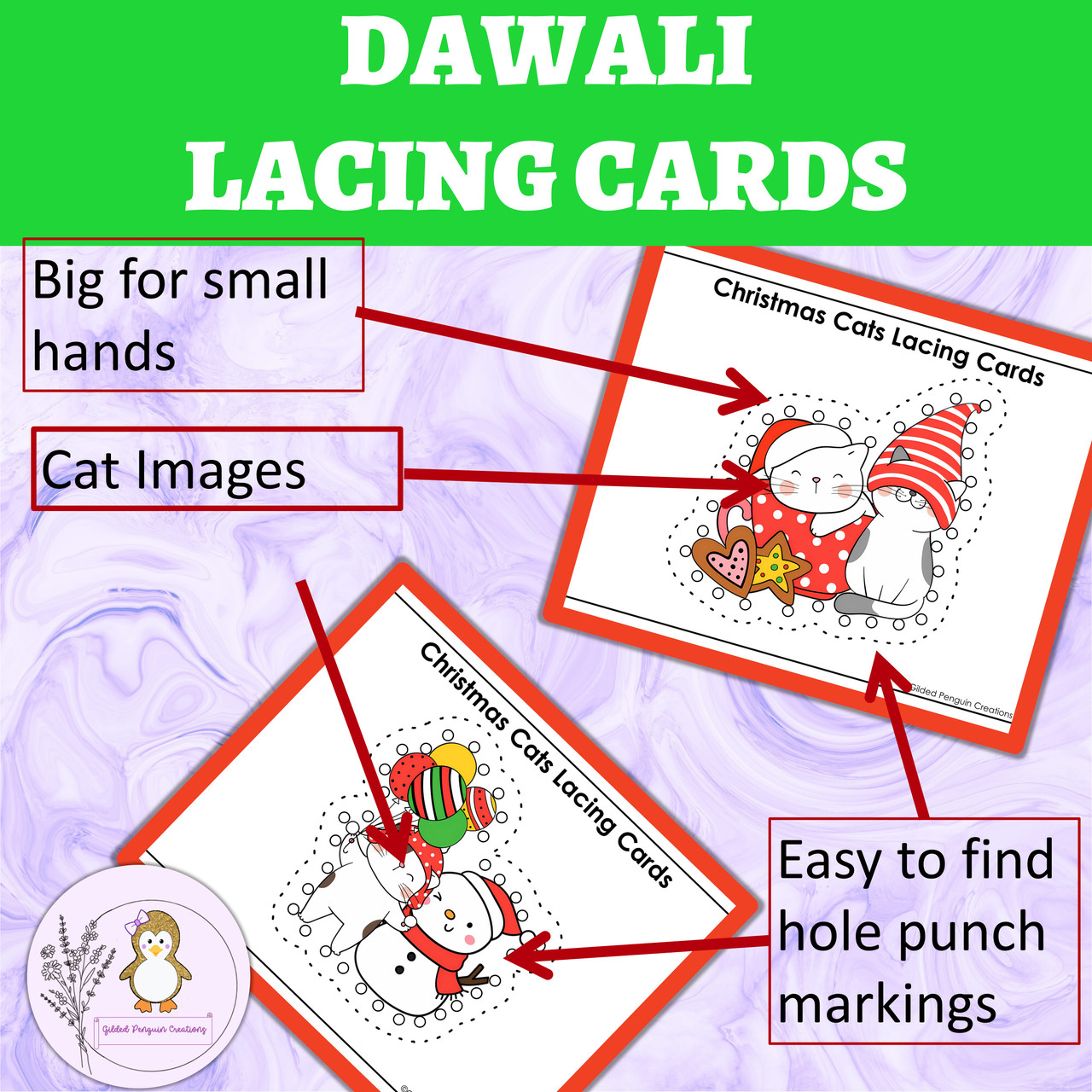 Christmas Cats Lacing Cards Activity for Early Elementary Fine Motor Skills