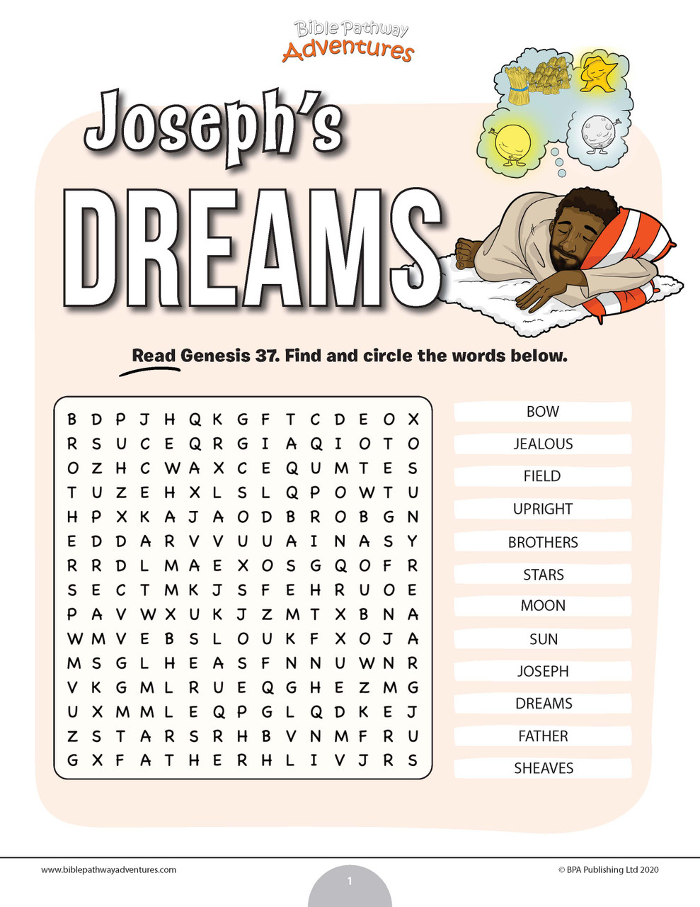 Joseph's Dreams word search puzzle