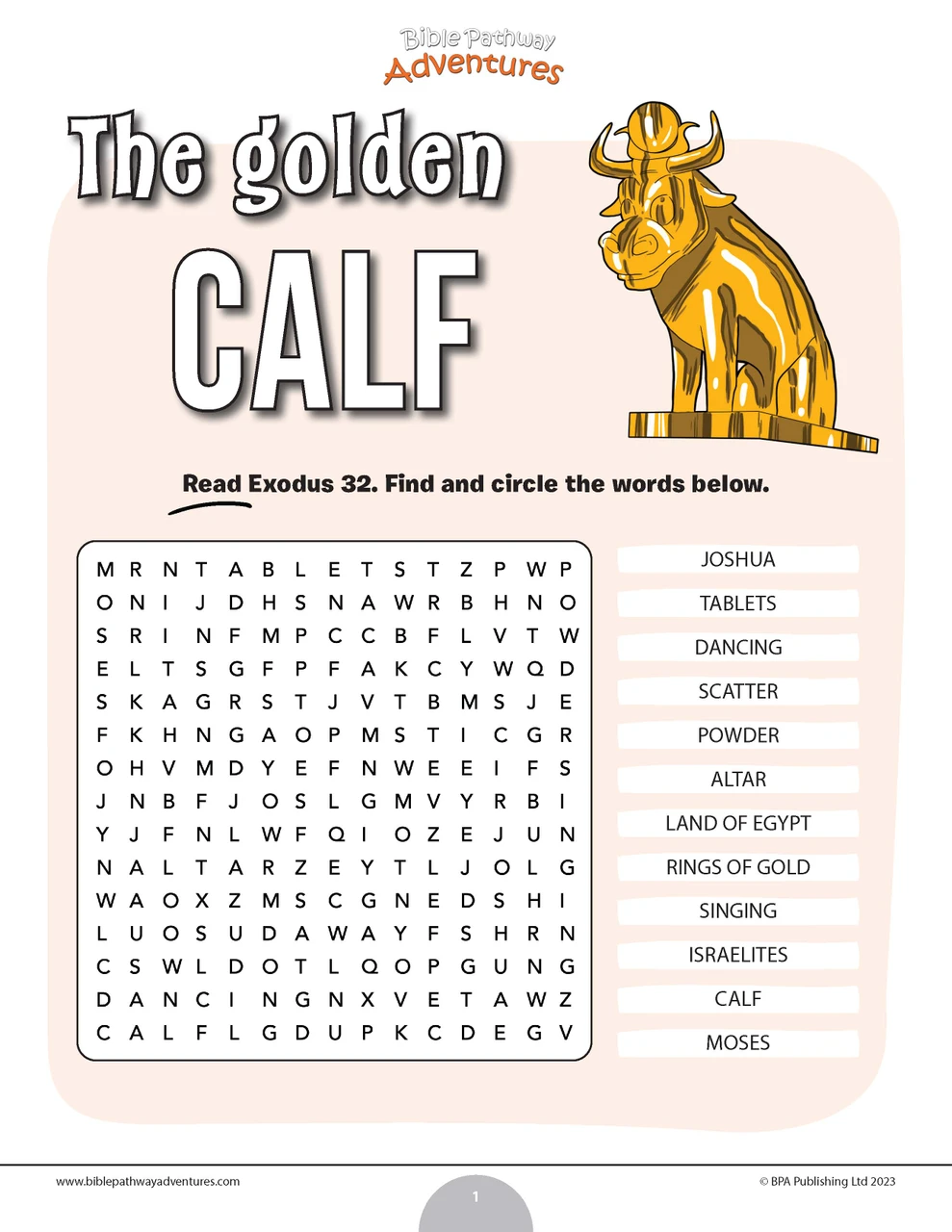 The Golden Calf word search puzzle
