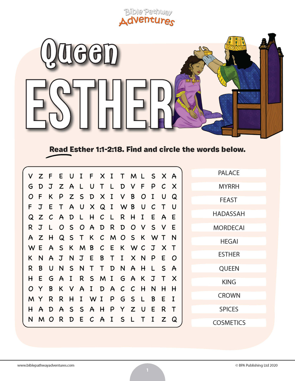 Queen Esther word search puzzle