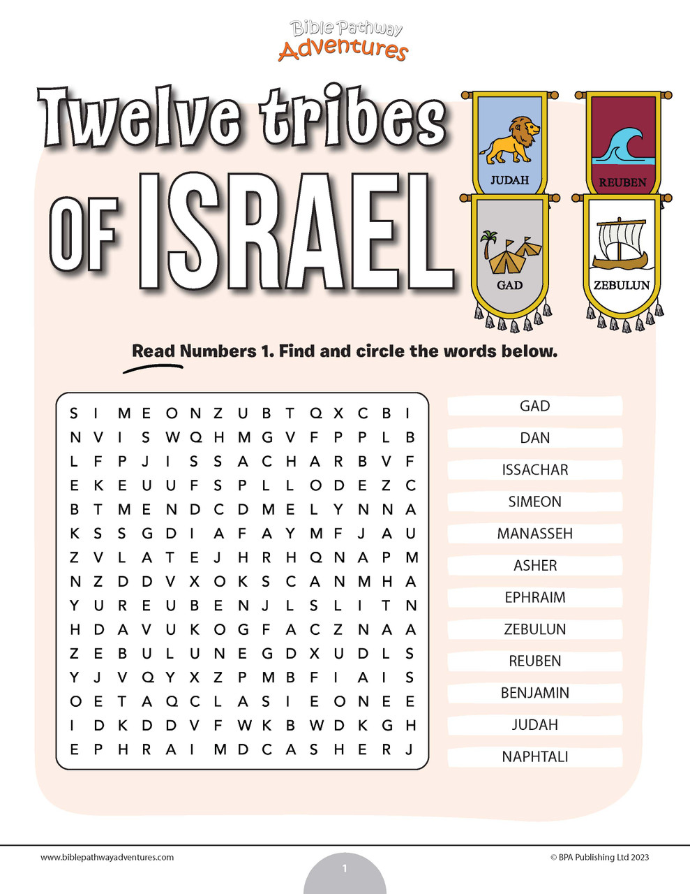 Twelve Tribes of Israel word search puzzle