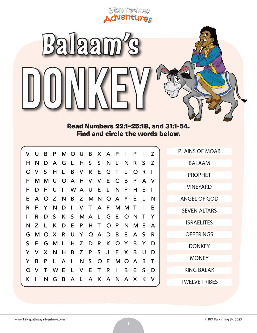 Balaam's Donkey word search puzzle