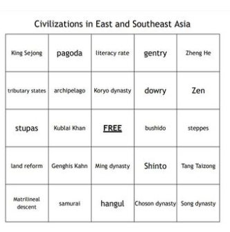"Civilizations in East and Southeast Asia" Bingo for a World History ...