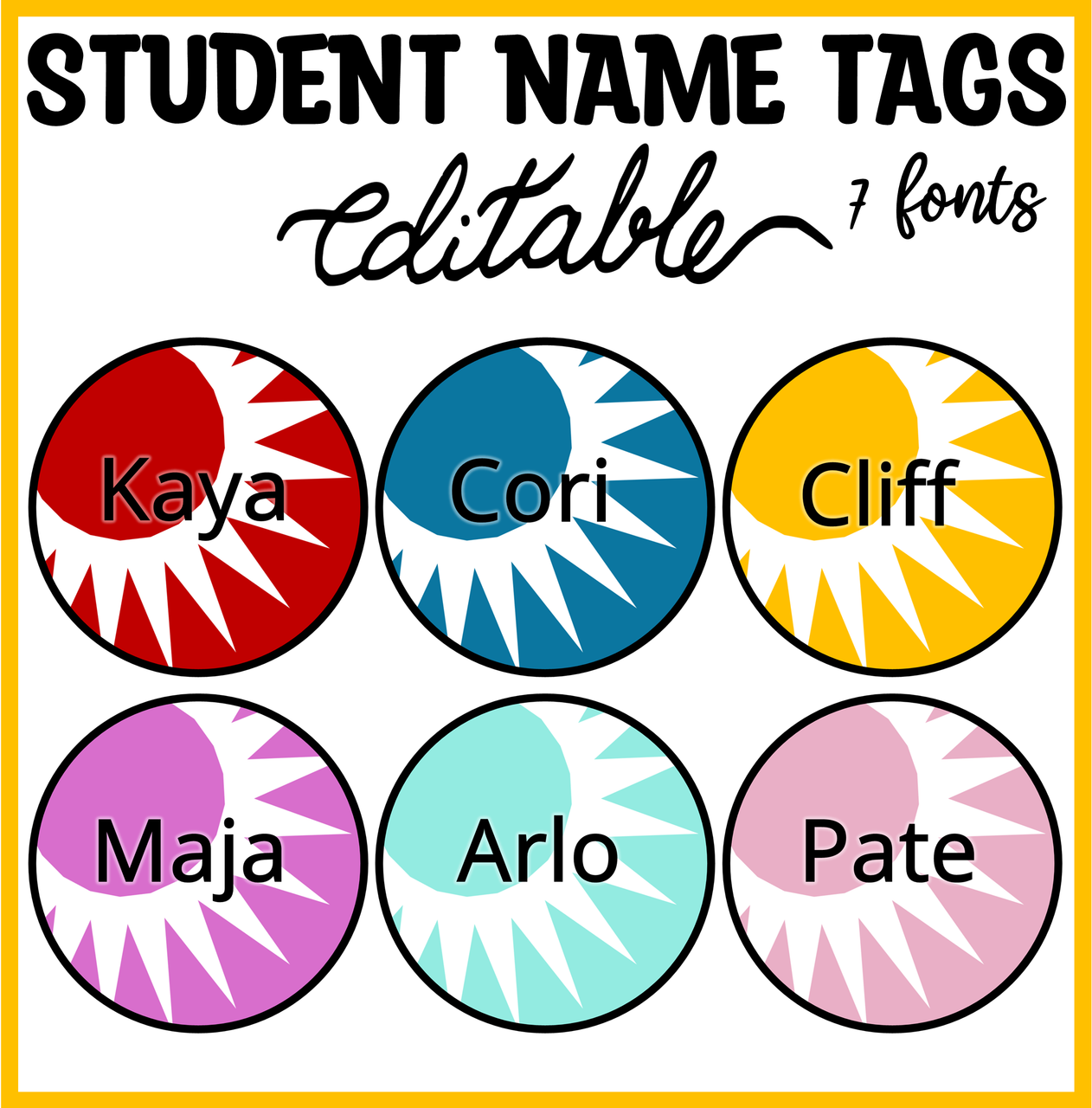 Printable Student Name Labels, Bright Name Plates, Colorful Name Cards ...