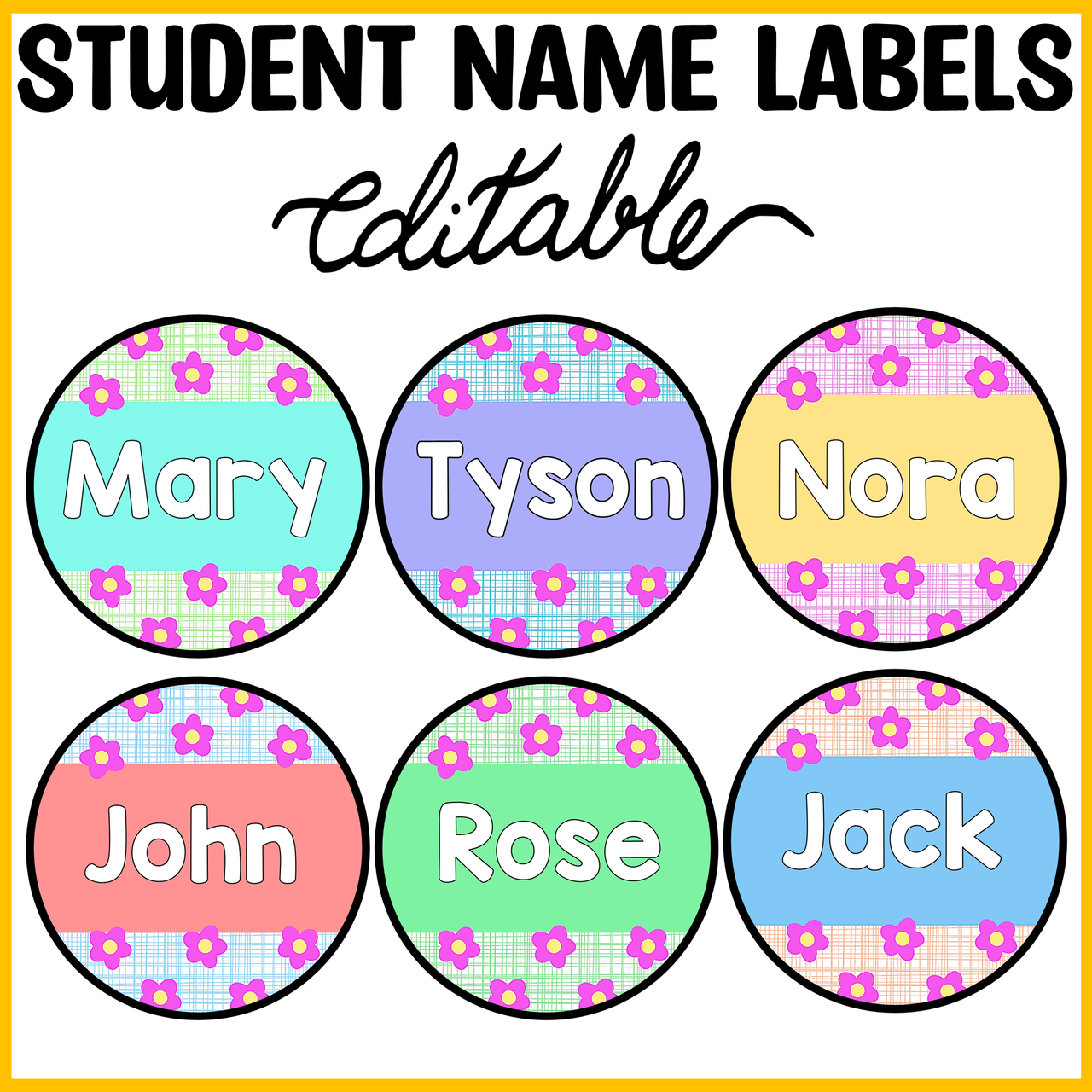 Printable Bright Flower Theme Student Name Tags, Name Signs,Classroom ...