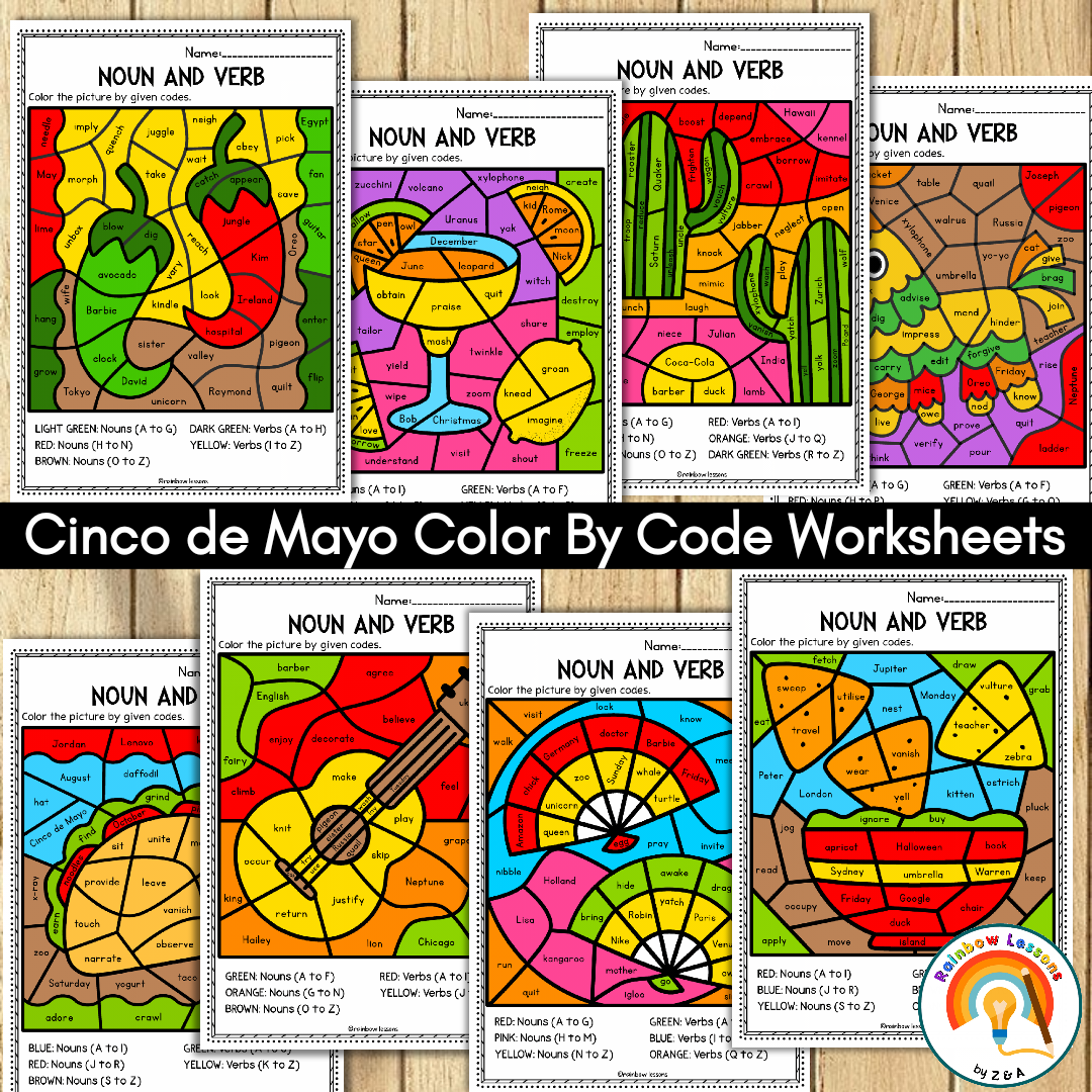 Cinco De Mayo Coloring Pages | Noun and Verb Sort | Cinco De Mayo ...