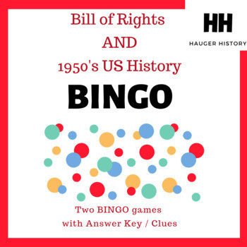 Bill of Rights and 27 Amendment Constitution Bingo w US History 1950s ...