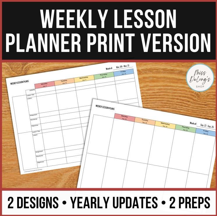 Weekly Lesson Planner Print Version 2 layouts 2 Preps 2025-2026 Yearly ...