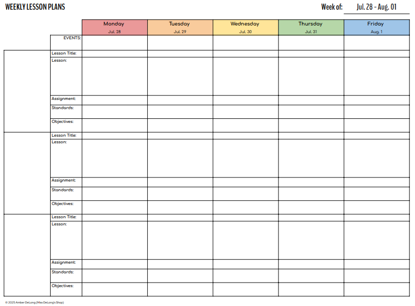 Weekly Lesson Planner Print or Printable Version 3 layouts 3 Preps 2025 ...