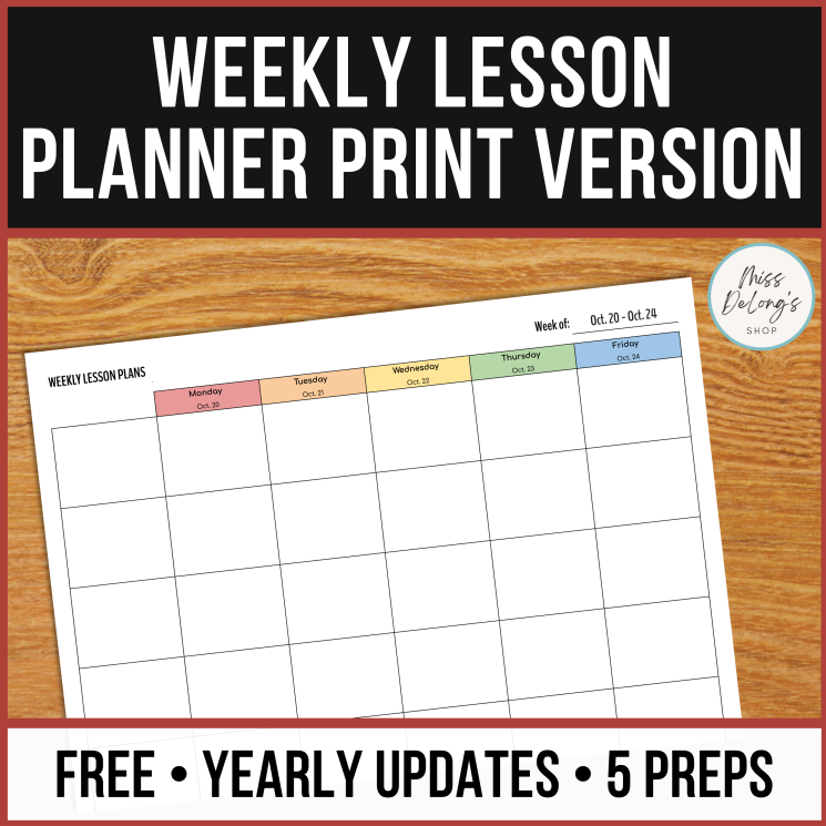 FREE - Weekly Lesson Planner Print Version 5 Preps Landscape 2025-2026 Free