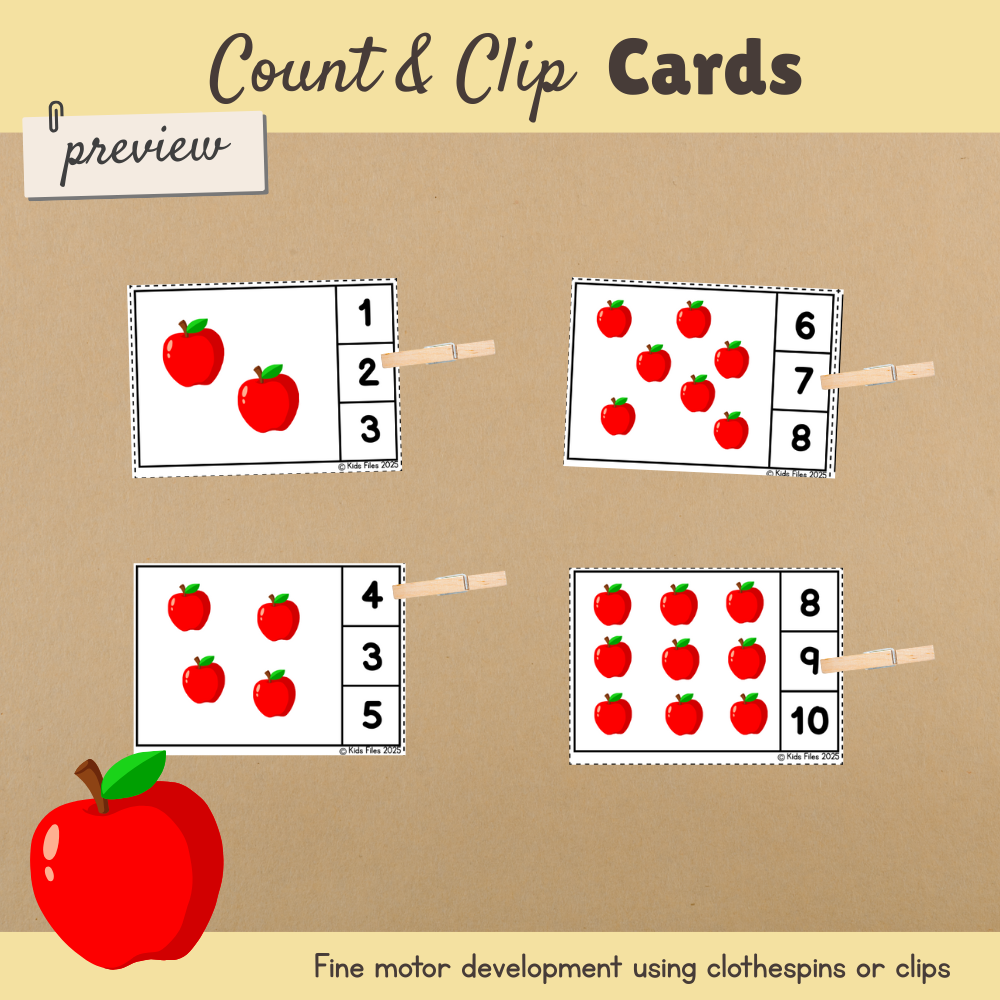 APPLE Themed Count and Clip Cards| Numbers #1-20| 64 cards