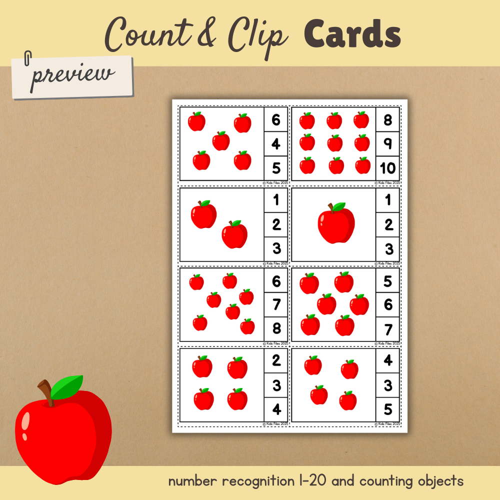 APPLE Themed Count and Clip Cards| Numbers #1-20| 64 cards