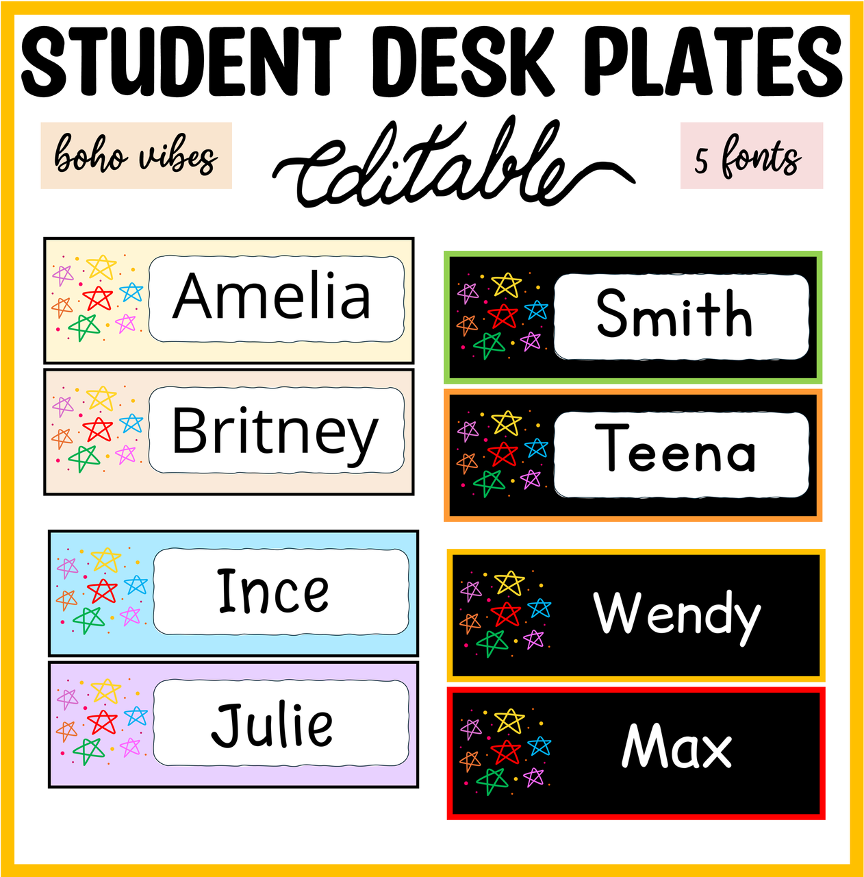 Printable Black and Bright Student Desk Plates, Editable Student Desk ...